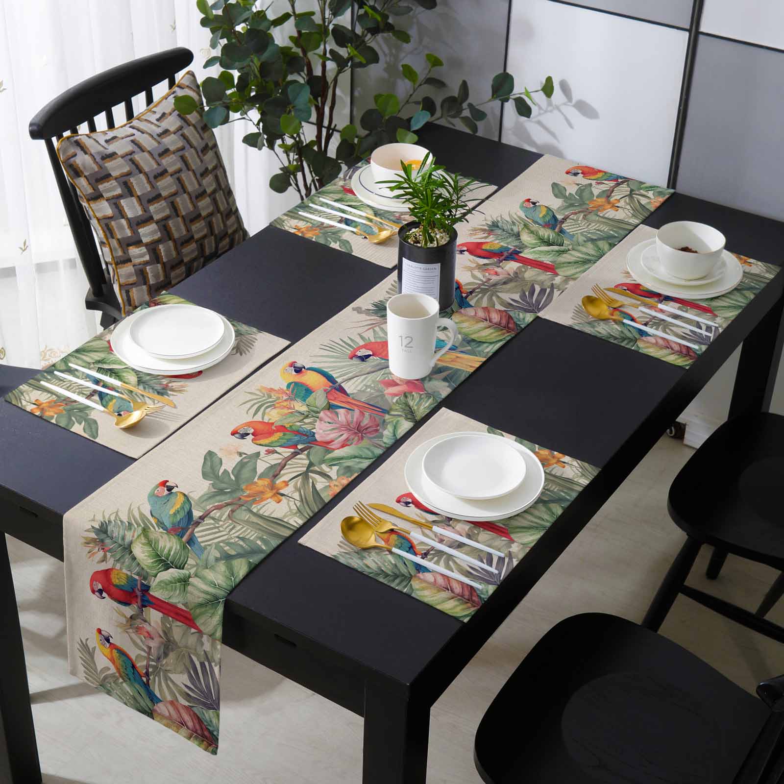 Tropical Birds Placemats Set of 6 with 72 Inches Long Table Runners ...