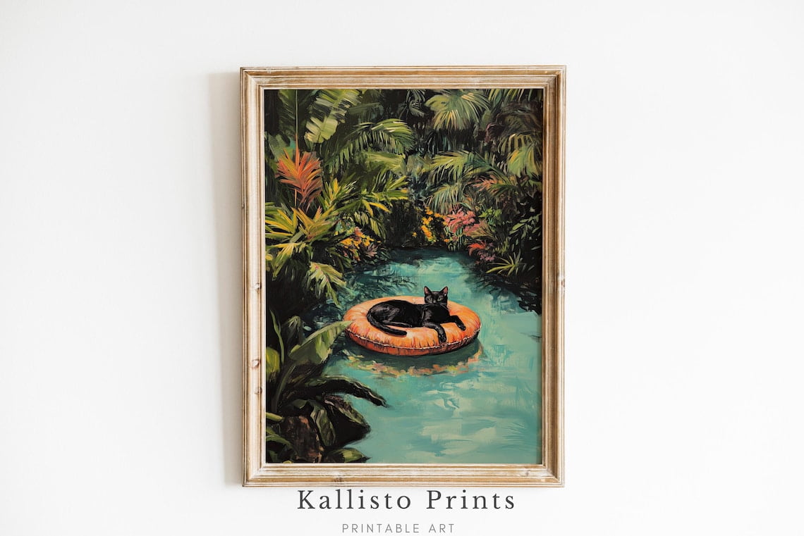 Tropical Black Cat Wall Art, Relaxing Jungle Cat Print Poster ...