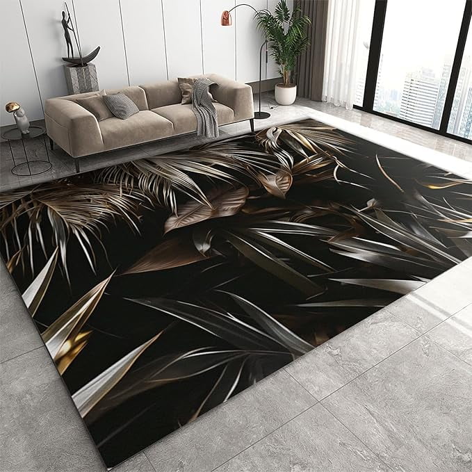 Tropical Black Golden Leaf Area Rugs, Black Background Simple Modern ...