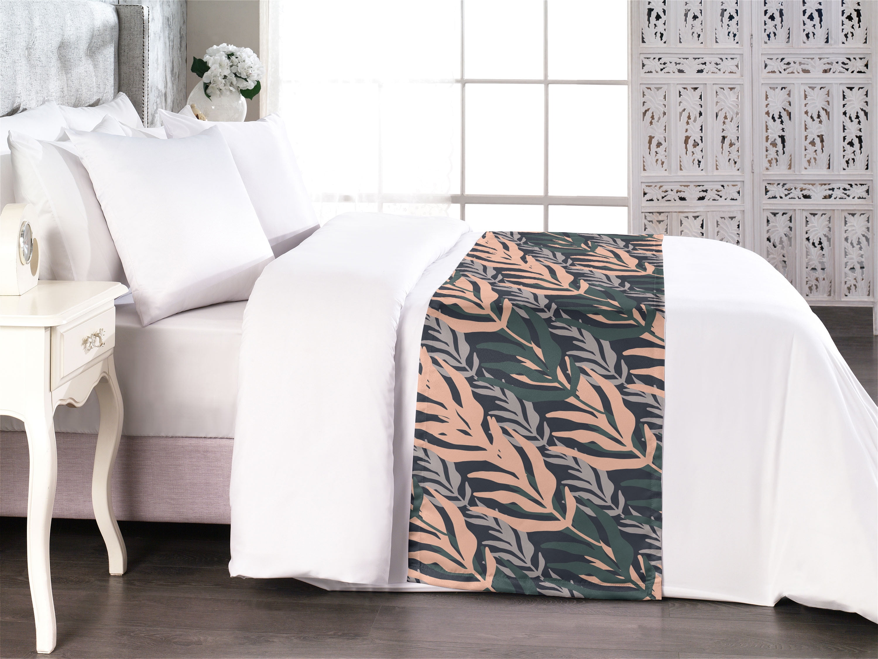 Tropical Boho Bed Runner, Modern Simple Design Silhouettes of Neutral ...