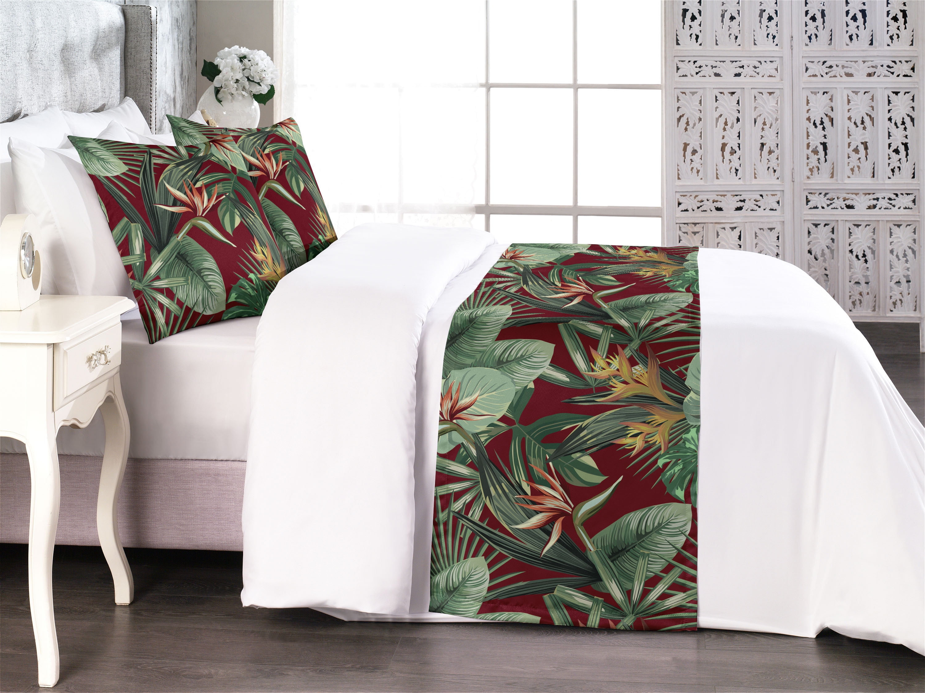 Tropical Boho Bed Runner Set, Wild Nature Inspired Exotic Palm Tree ...