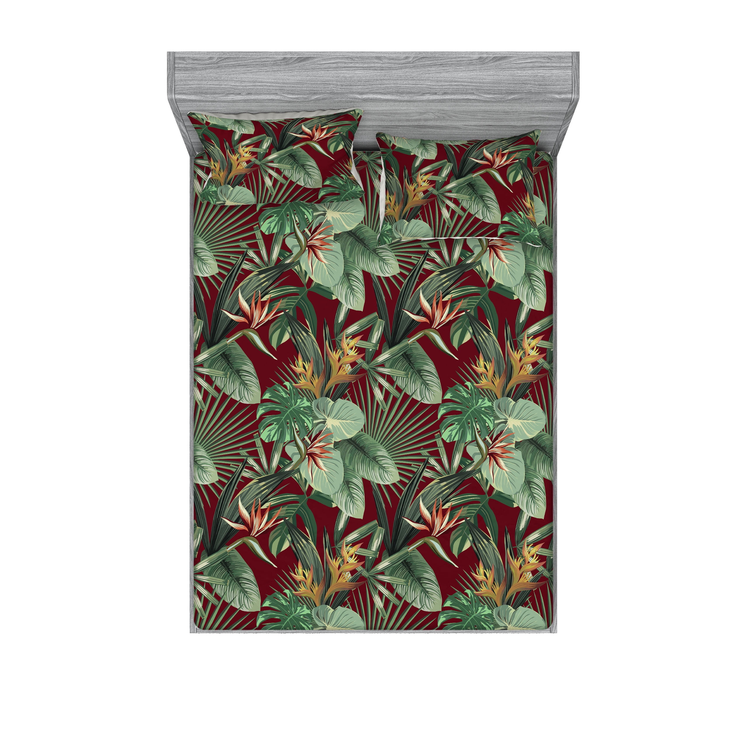 Tropical Boho Fitted Sheet & Pillow Sham Set, Wild Nature Inspired ...