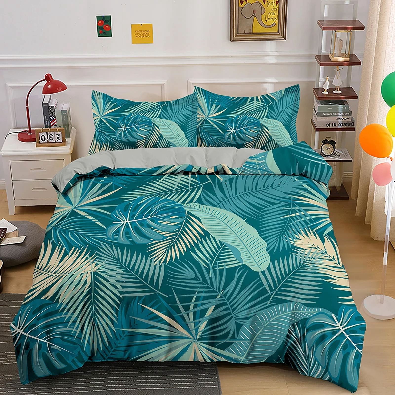 Tropical Botanical Leaves King Duvet Cover Gre Palm Leaves Polyester ...