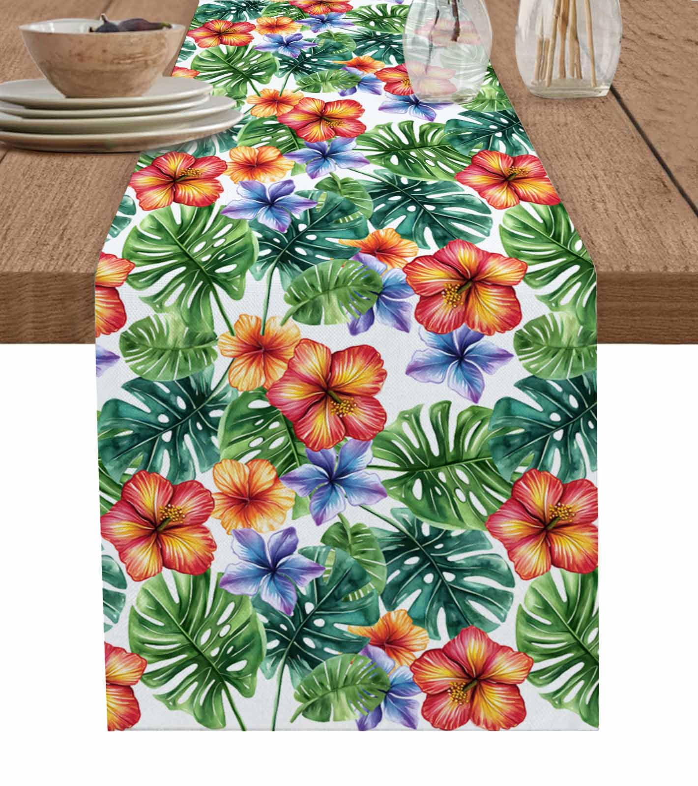 Tropical Botanical Table Runner 72 Inches, Summer Watercolor Leaves ...