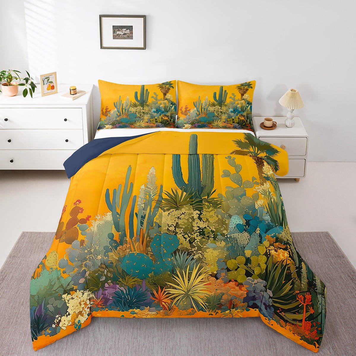 Tropical Cactus Comforter Set Queen,Abstract Yellow Green Succulent ...
