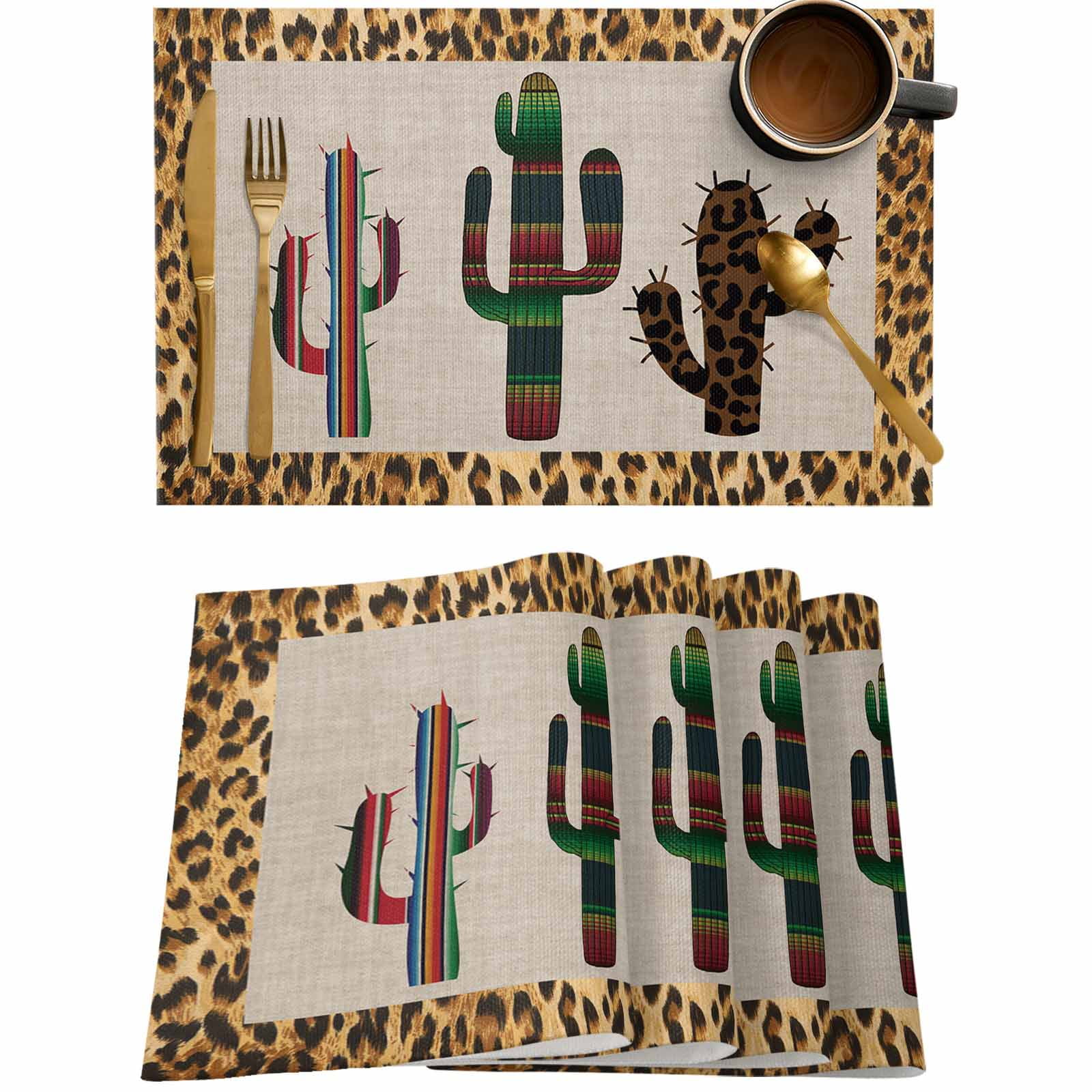 Tropical Cactus Leopard Print Colorful Gradient Art Placemats Set of 4 ...