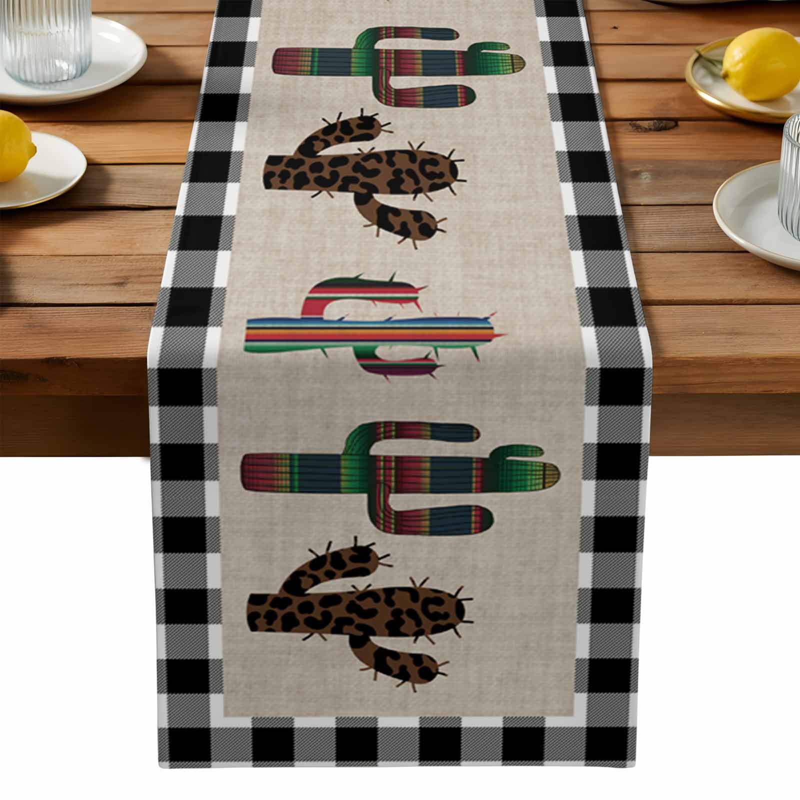 Tropical Cactus Table Runner, Black Buffalo Check Plaid Cotton Linen ...