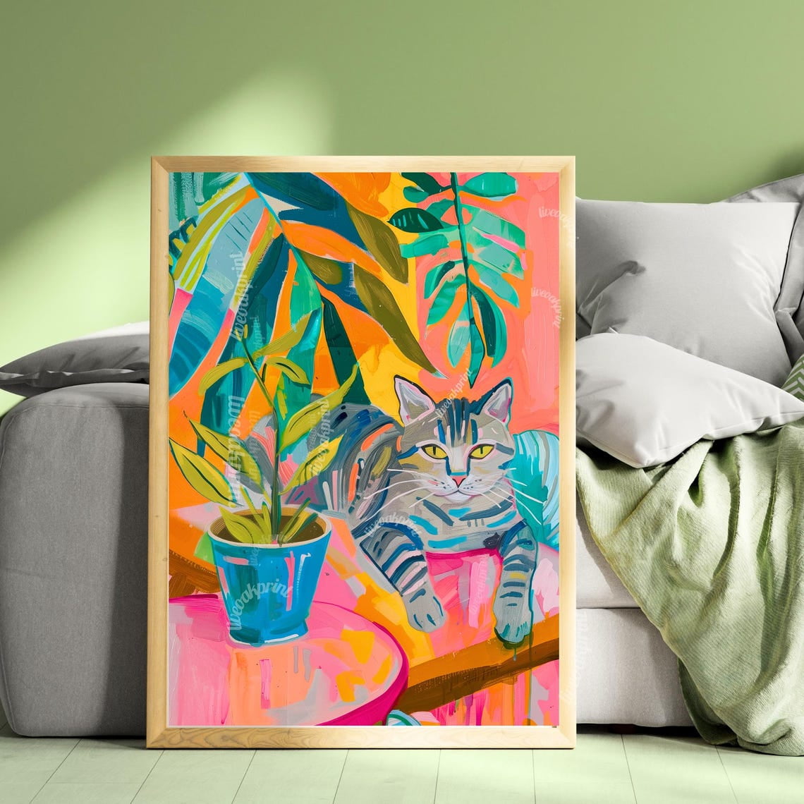 Tropical Cat Art Print – Funky Tabby Cat Wall Art – Bold Colorful ...