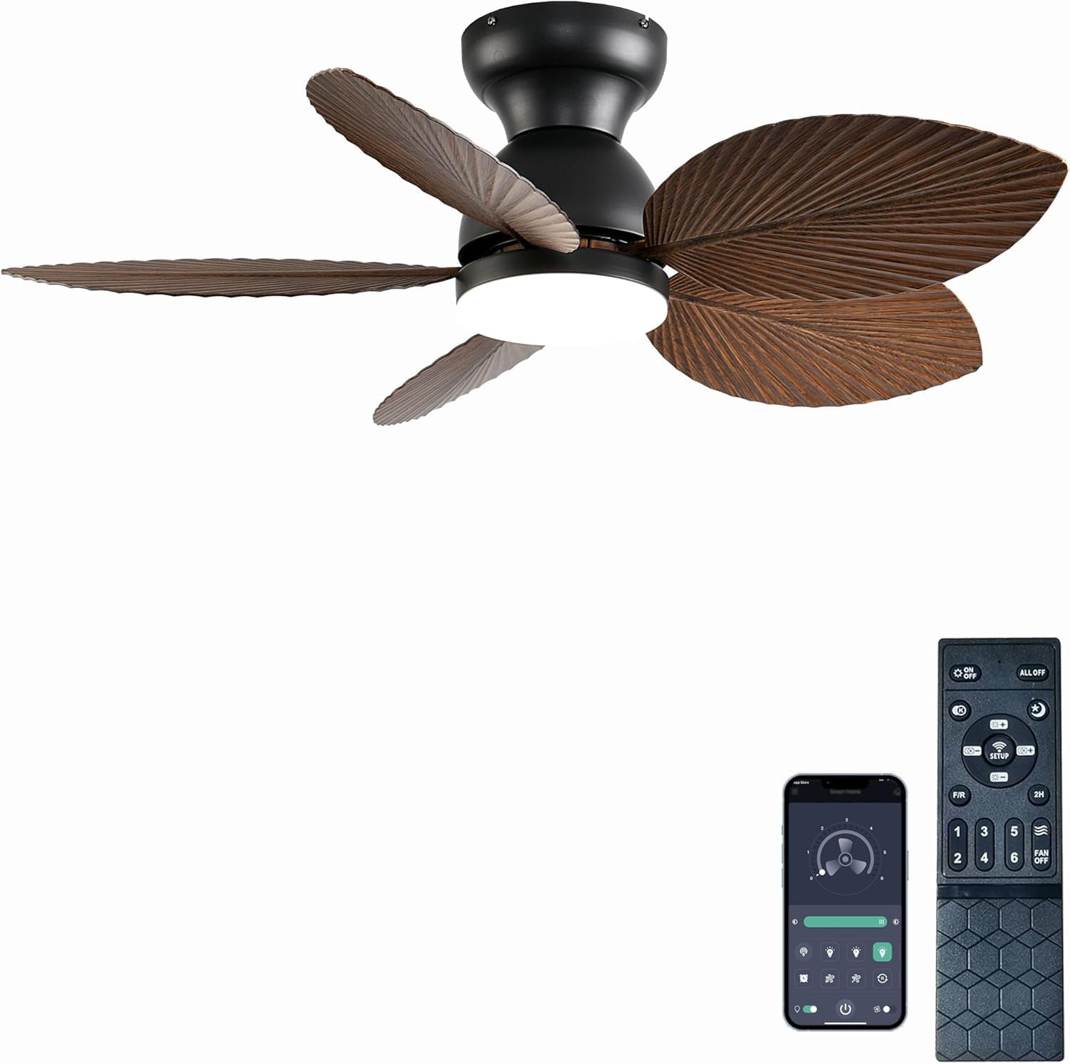 Tropical Ceiling Fans with Light, 38-Inch Flush Mount Palm Leaf Ceiling ...