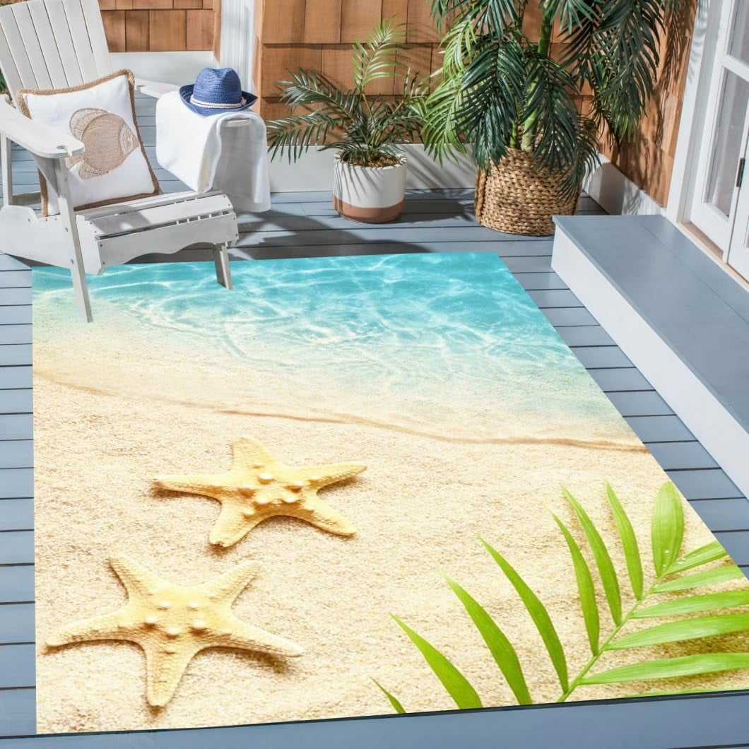 Tropical Coastal Beach Indoor Outdoor Area Rug 5' x 6' Washable for ...