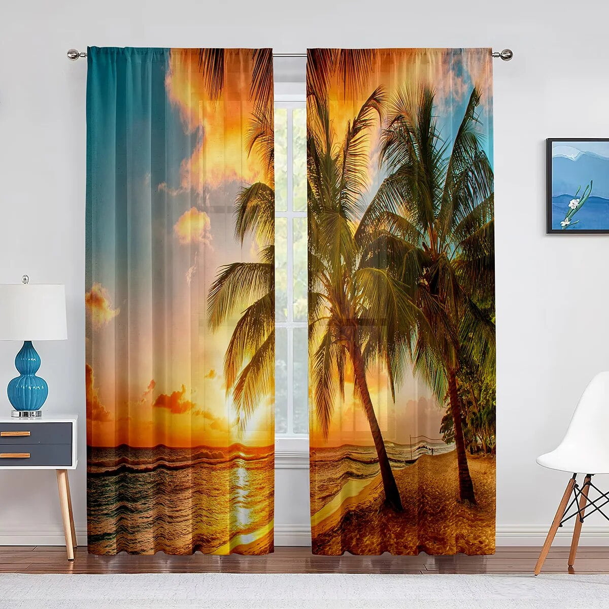 Tropical Coastal Palm Trees Summer Ocean Landscape Tulle Curtains for ...