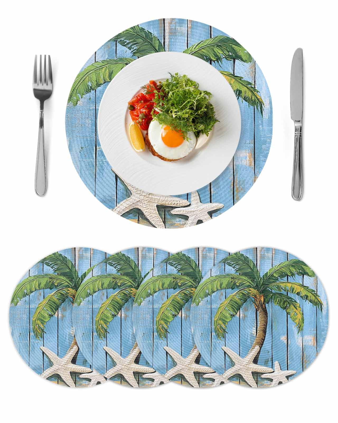 Tropical Coastal Round Table Placemats set of 4, Beach Coconut Tree ...