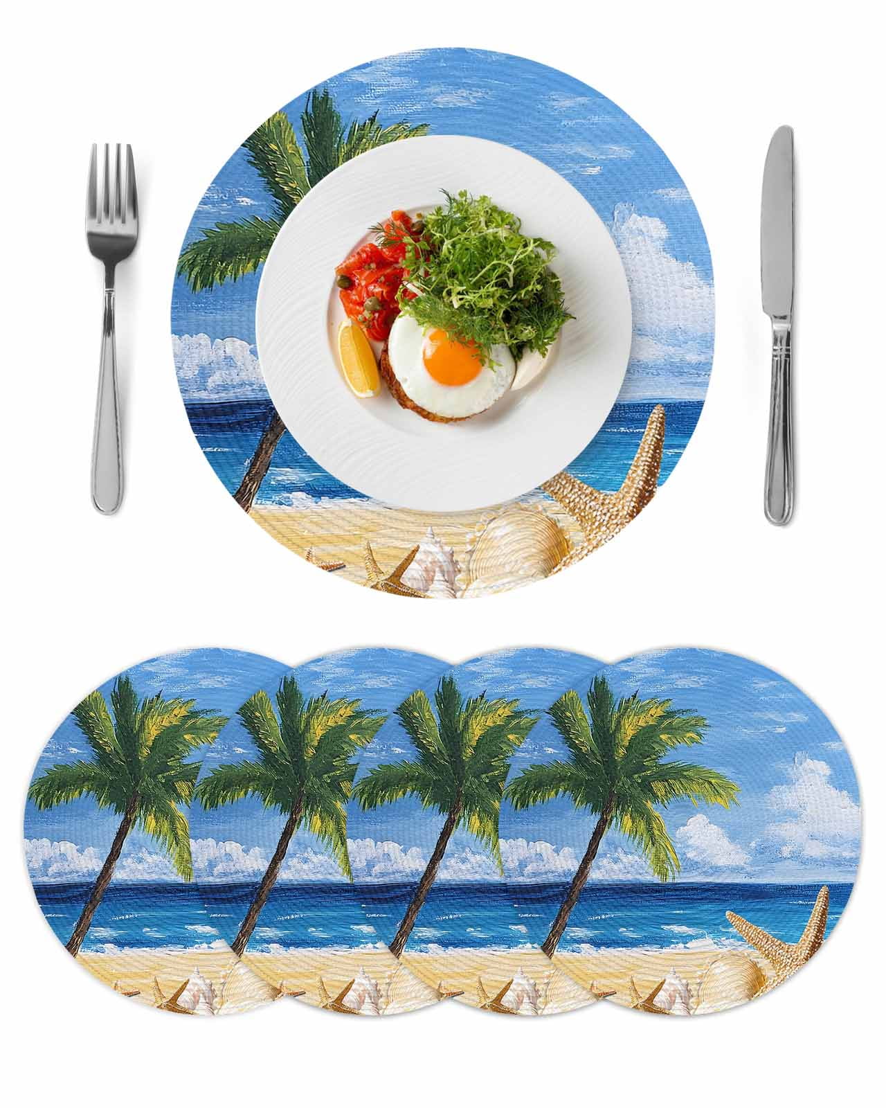 Tropical Coastal Round Table Placemats set of 4, Ocean Beach Coconut ...