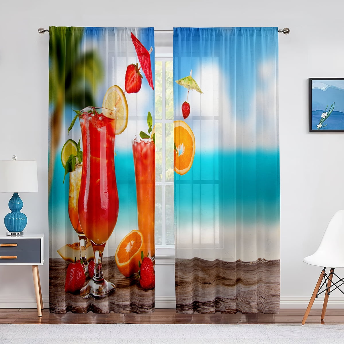 Tropical Cocktail Coconut Close Up Beach Sheer Curtain Living Room ...