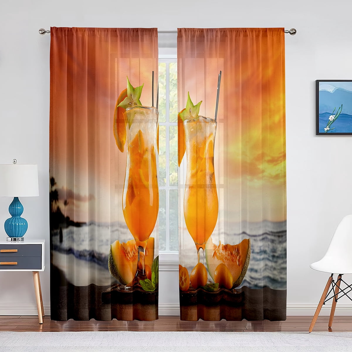 Tropical Cocktail Coconut Close Up Beach Sheer Curtain Living Room ...