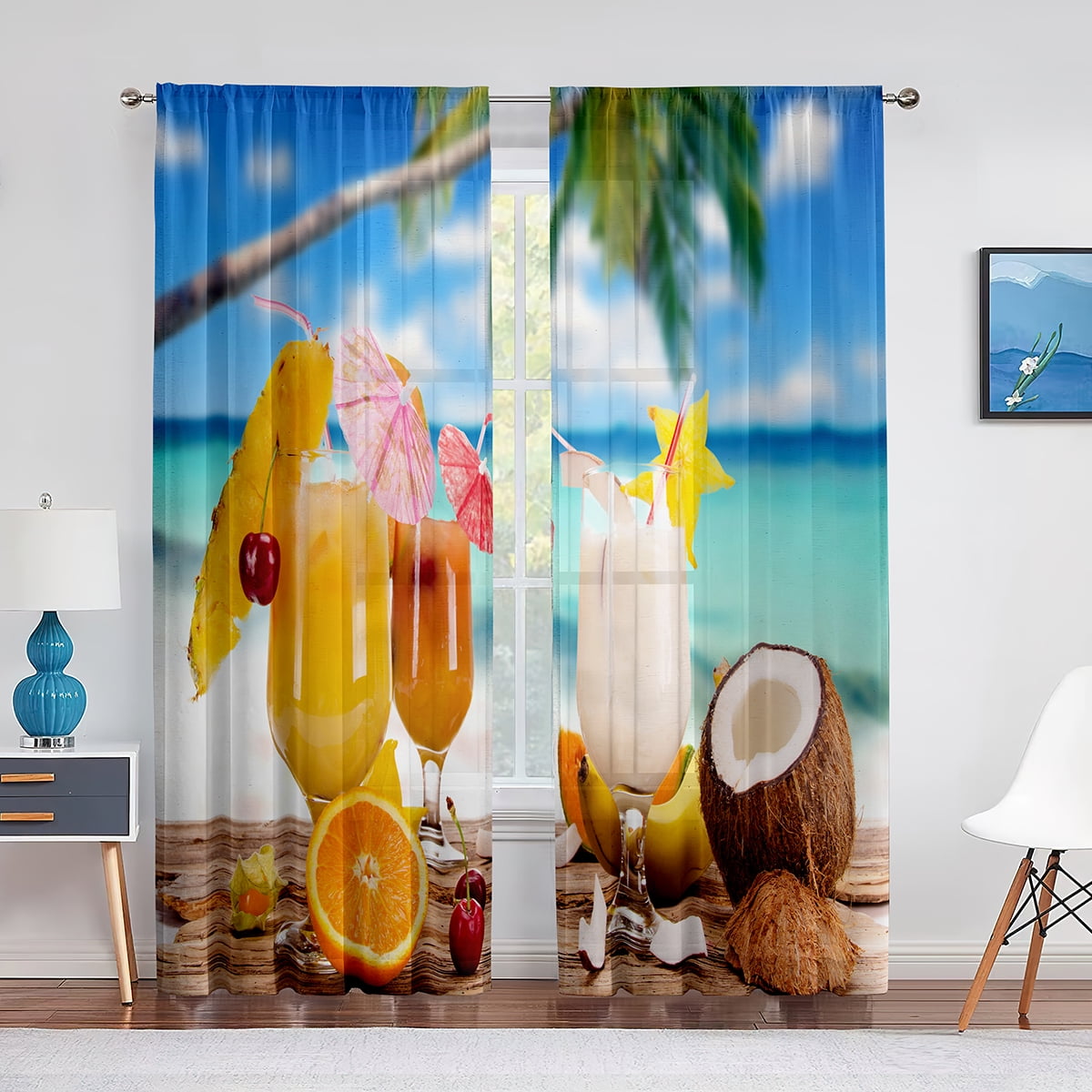 Tropical Cocktail Coconut Close Up Beach Sheer Curtain Living Room ...