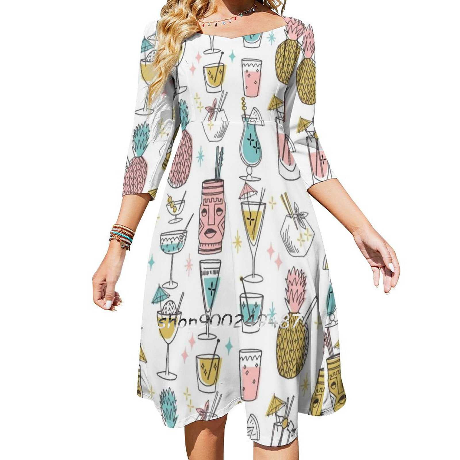 Tropical Cocktails Tiki Bar Hawaiian Drinks Cute Pattern By Square Neck Dress Cute Loose Print ...