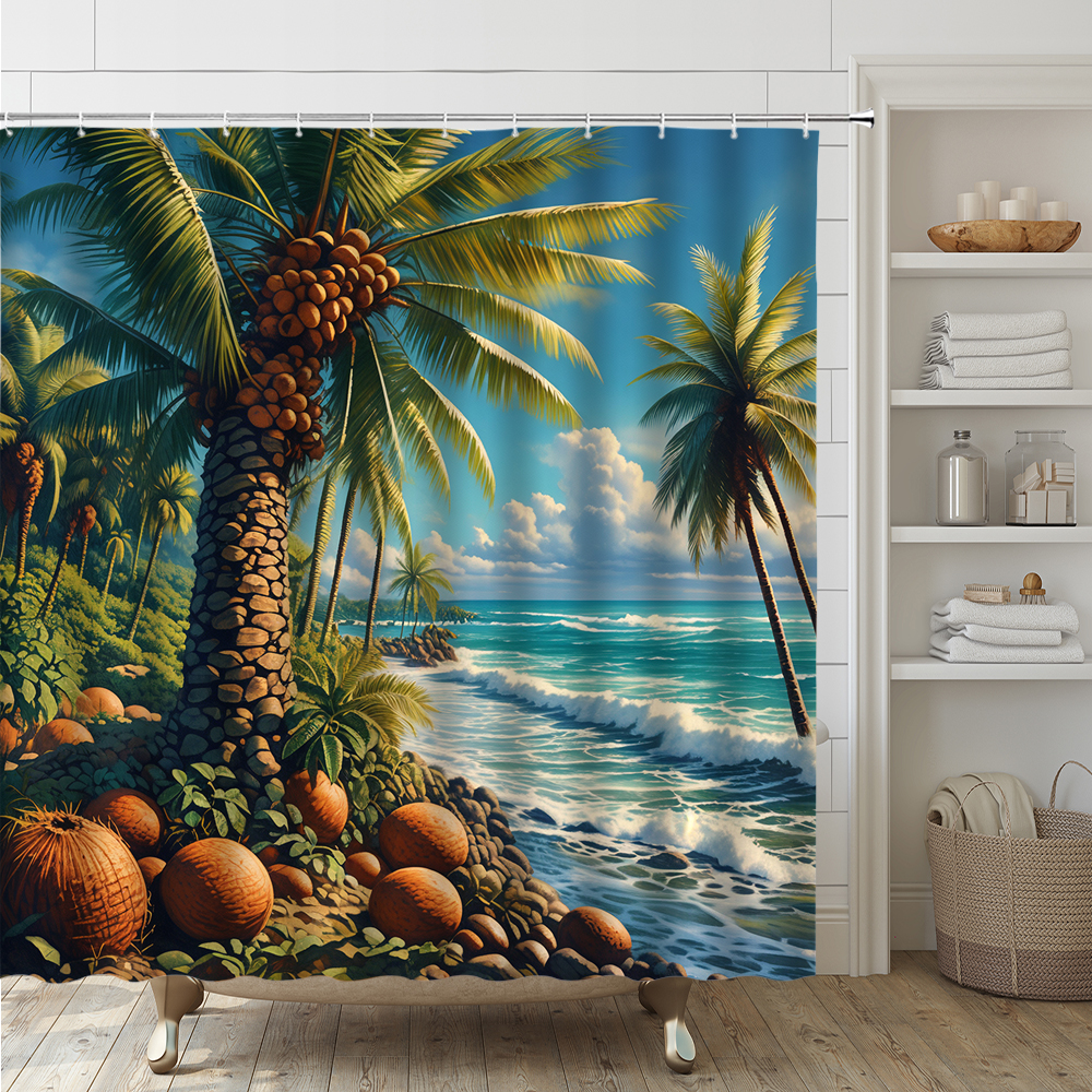 Tropical Coconut Palm Tree Bathroom Set with Shower Curtain Rug Bath ...