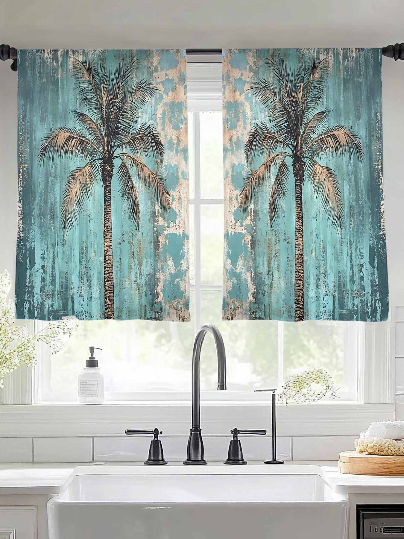 Tropical Coconut Tree Sheer Curtains 54 Inches Long 2 Panels Vintage ...