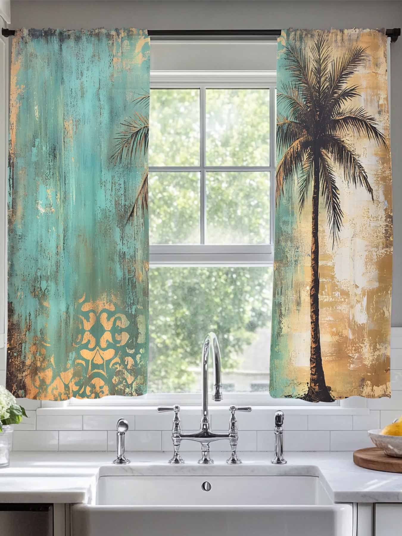 Tropical Coconut Tree Sheer Curtains 72 Inches Long 2 Panels Vintage ...