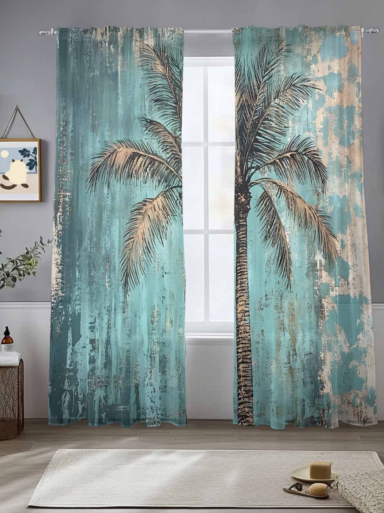 Tropical Coconut Tree Sheer Curtains 84 Inches Long 2 Panels Vintage ...