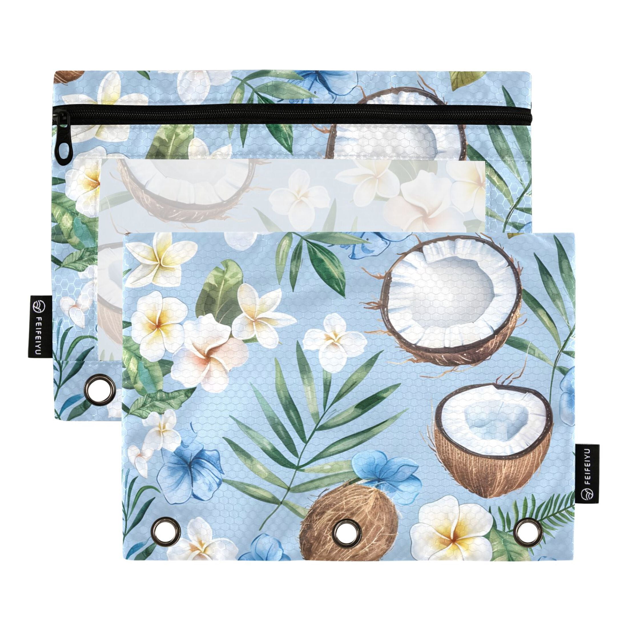 Tropical Coconuts Flowers Leaves Binder Pouches Zipper Pocket Document ...