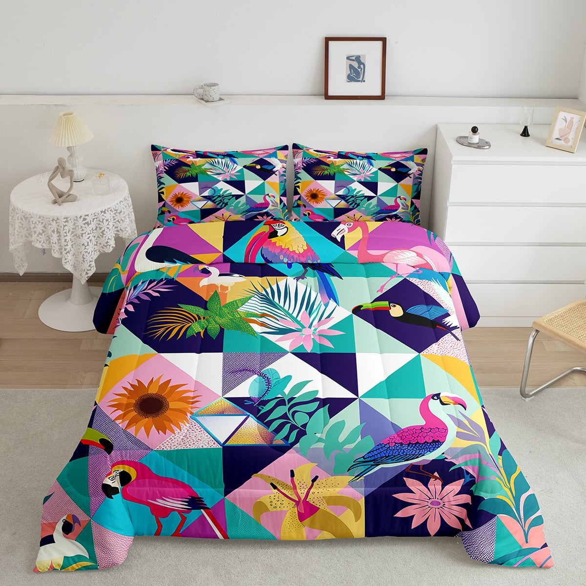 Tropical Comforter Set Abstract Watercolor Bird King Bedding Set,Palm ...