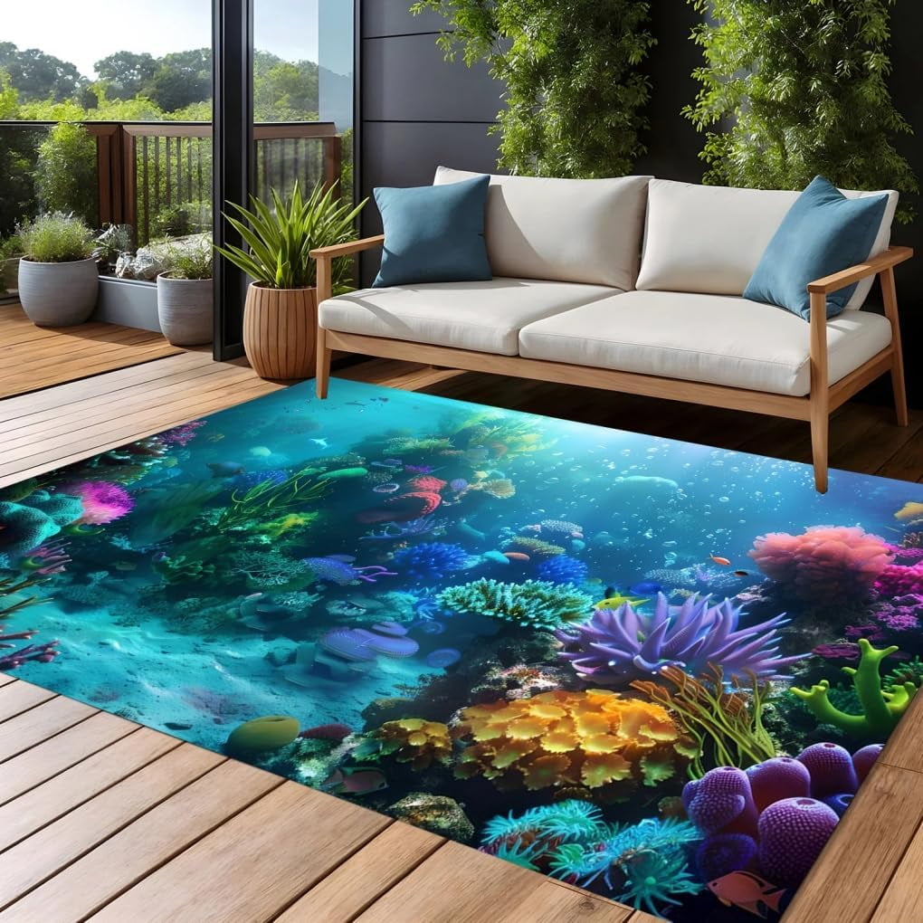 Tropical Coral And Fish Underwater Theme Coastal Rug For Patio Deck ...