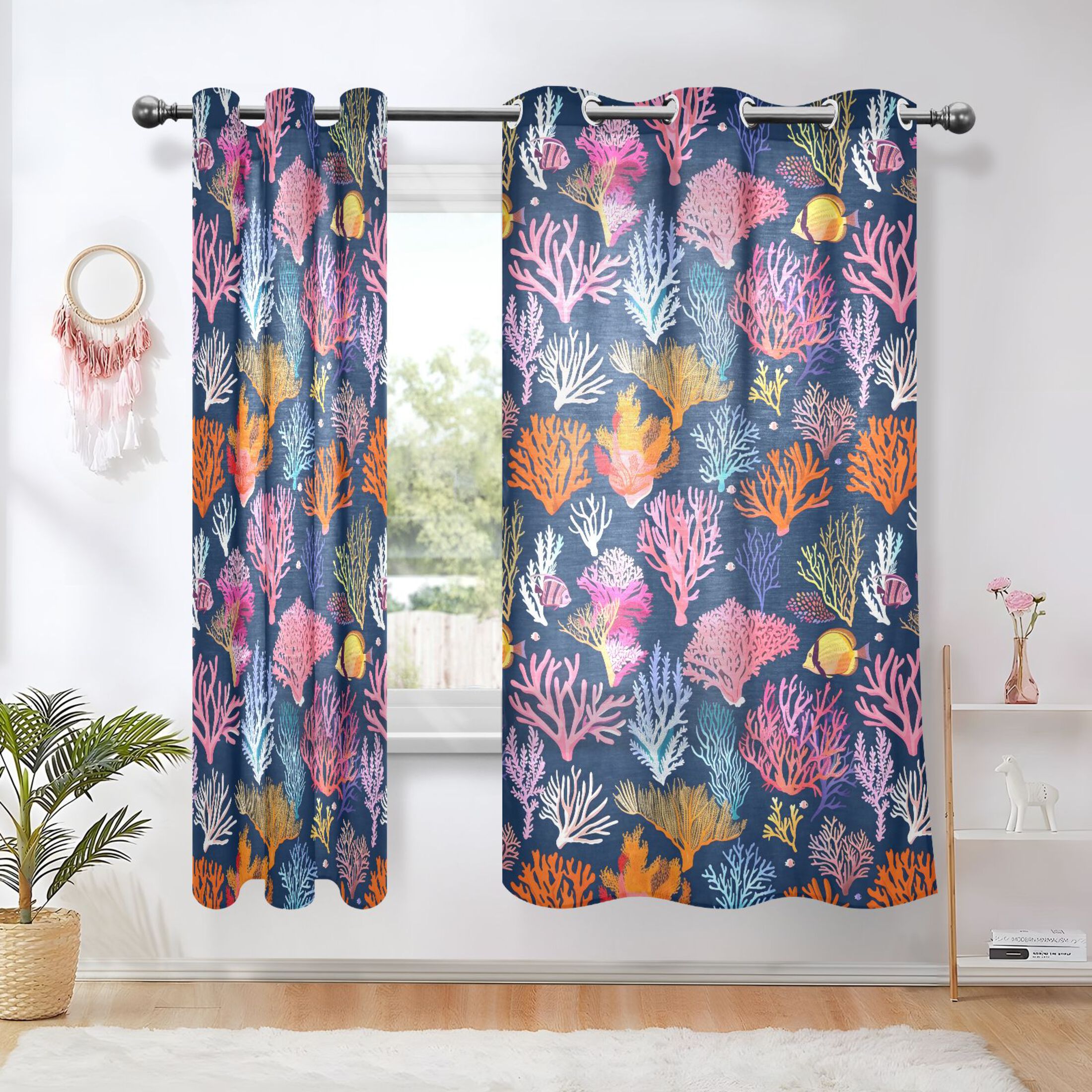 Tropical Coral and Fish Sheer Curtains 2 Panels Set Grommet Drapes for ...