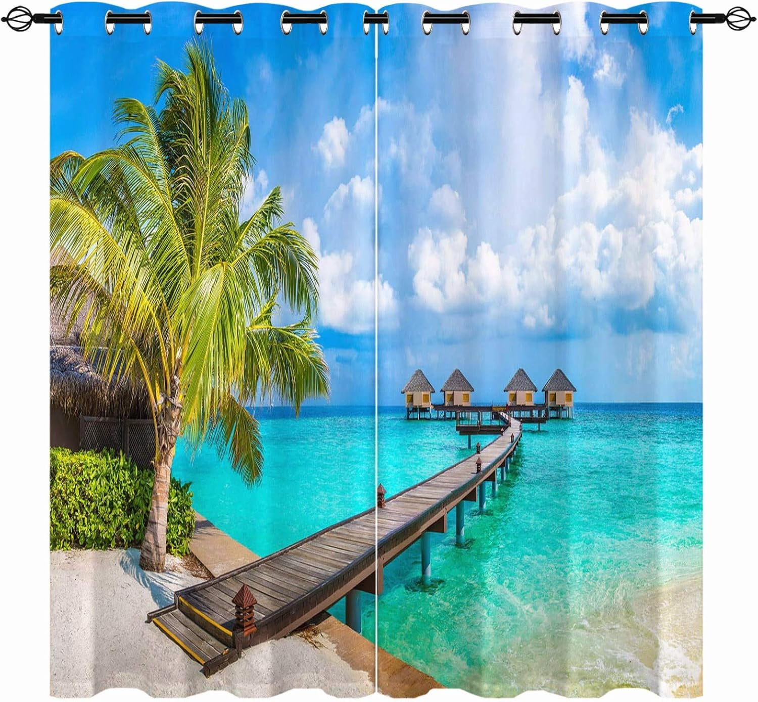 Tropical Curtain,Coastal Beach Hawaiian Palm Trees Summer Pier ...