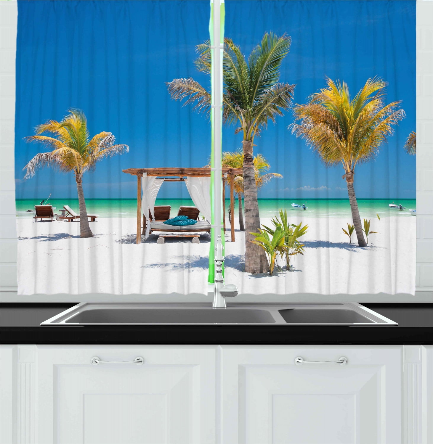 Tropical Curtains 2 Panels Set, Beach Beds among Palm Trees Paradise ...