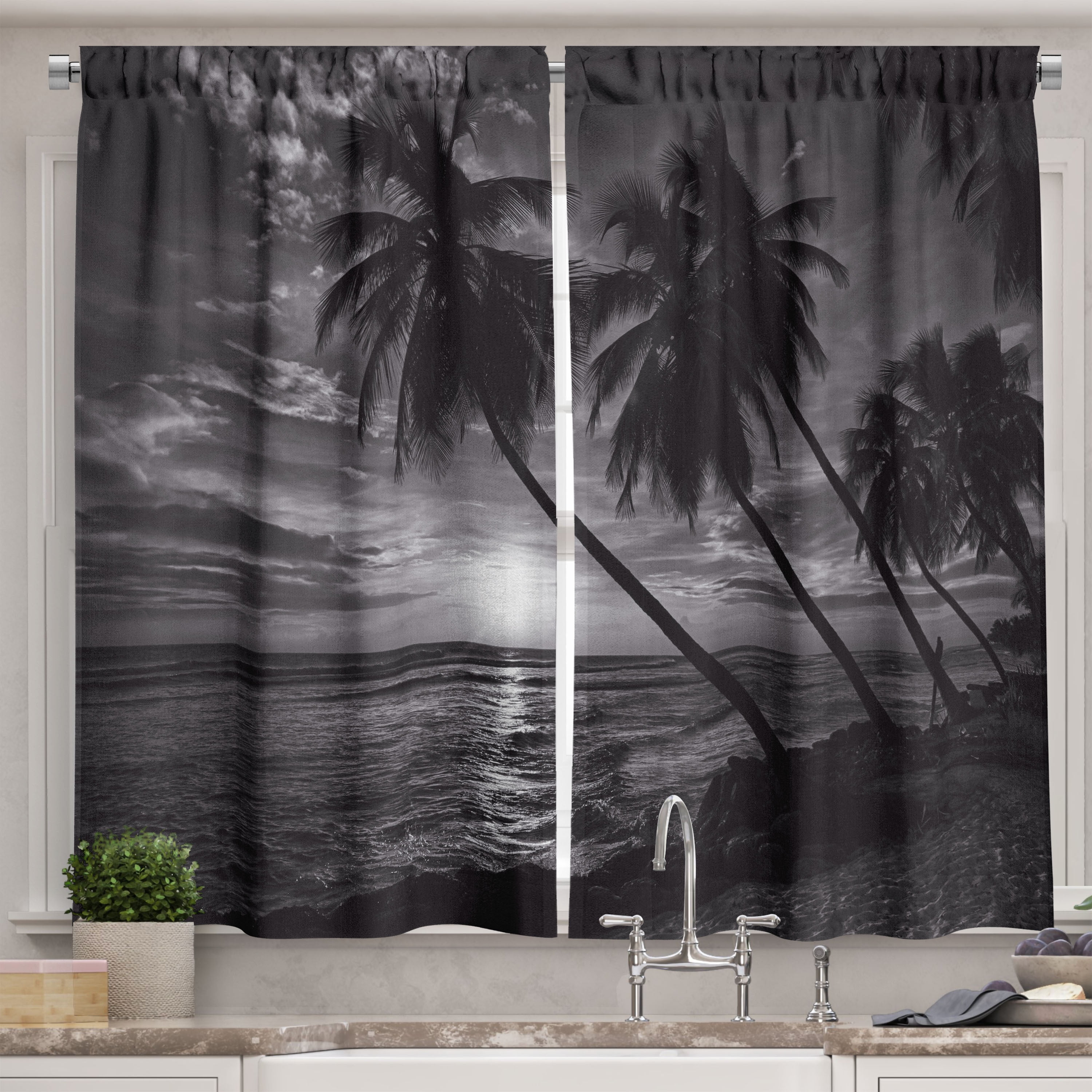 Tropical Curtains 2 Panels Set, Coconut Palm Trees on Beach Bend by the ...