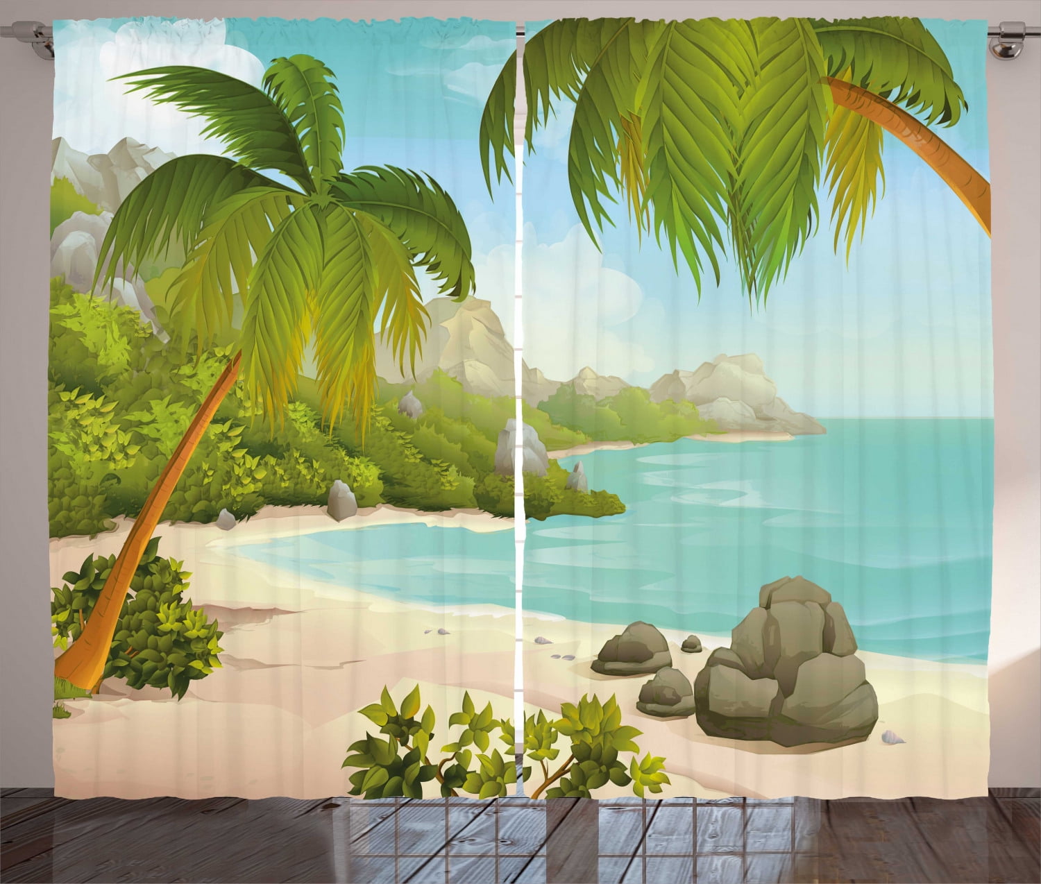 Ambesonne Tropical Curtains 2 Panel Set, Palm Trees and Rocks, 108" x ...
