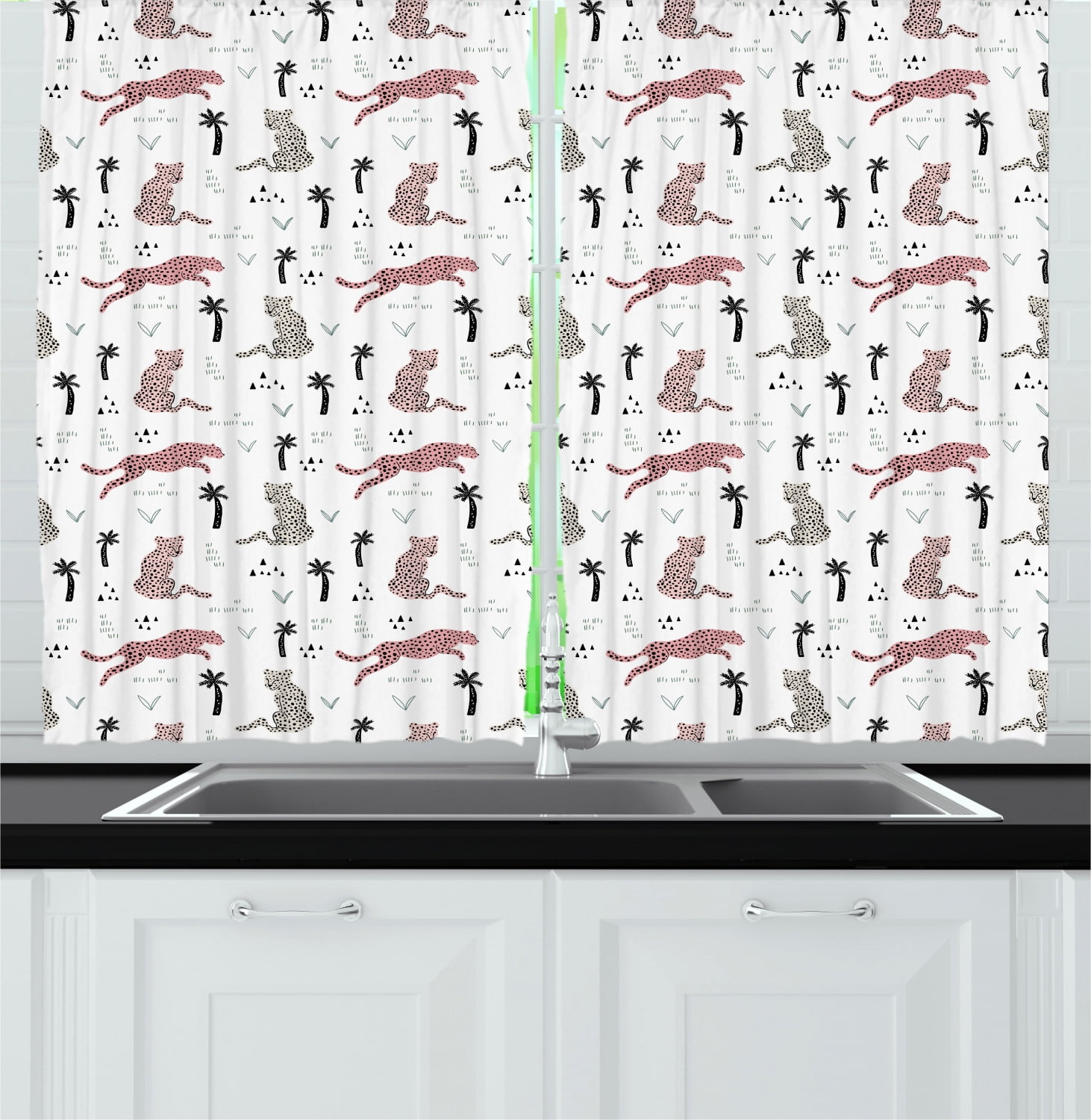 Tropical Curtains 2 Panels Set, Exotic Doodle Hand Drawn Style Leopard ...