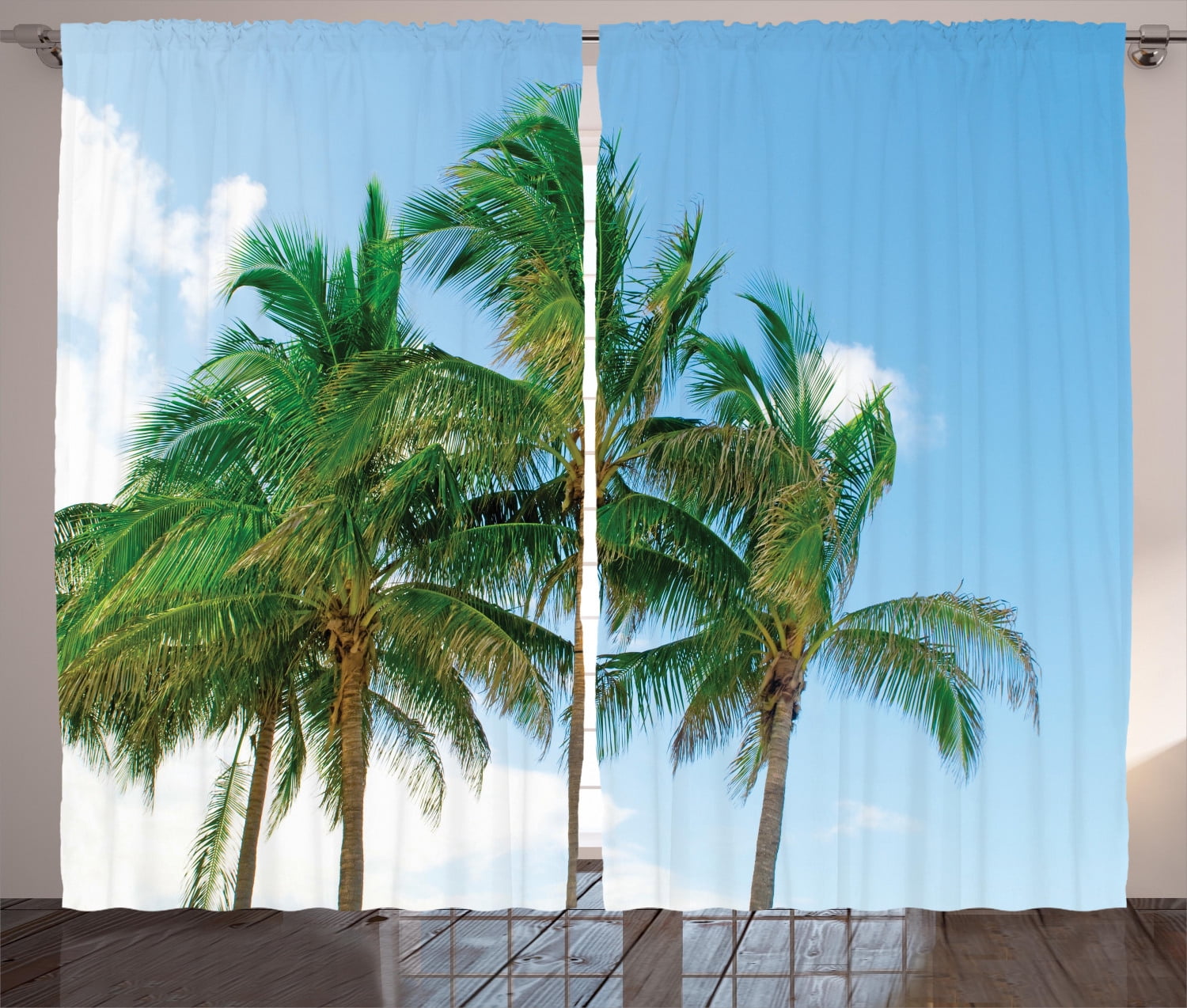 Tropical Curtains 2 Panels Set, Palm Tree Tops in the Sunny Sky ...