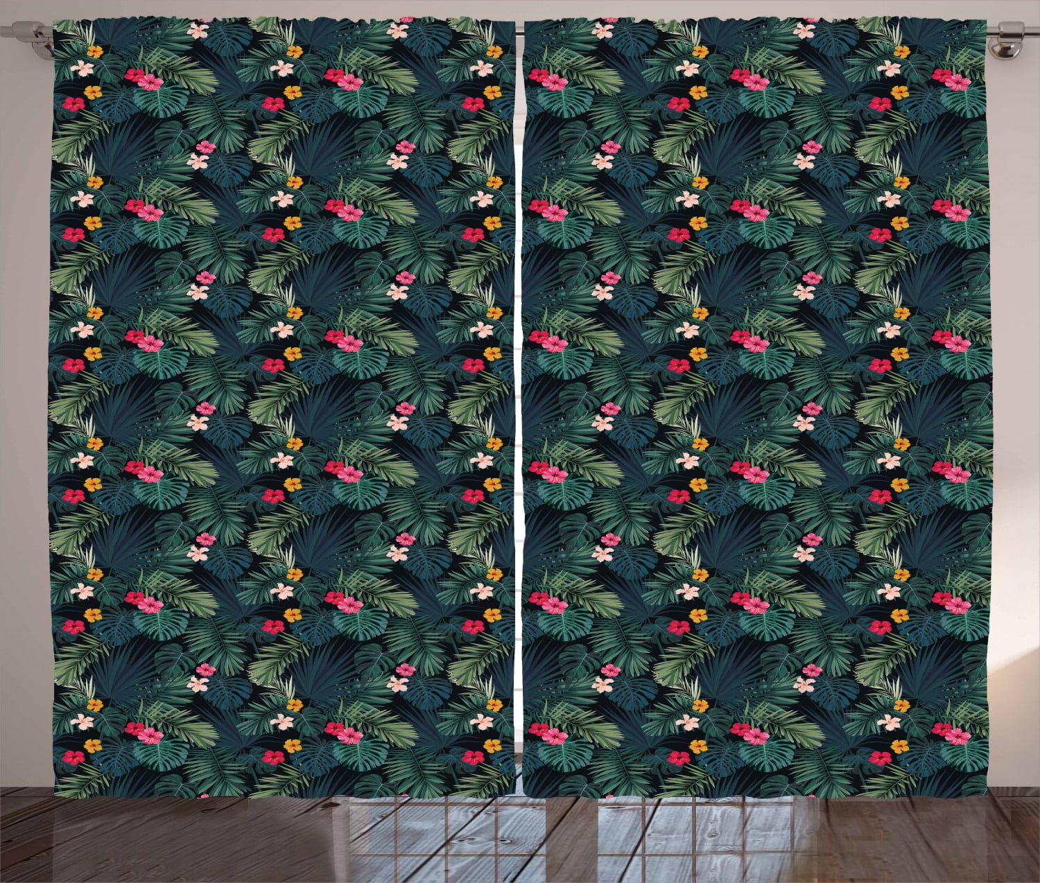 Tropical Curtains 2 Panels Set Realistic Rainforest Flora Hibiscus