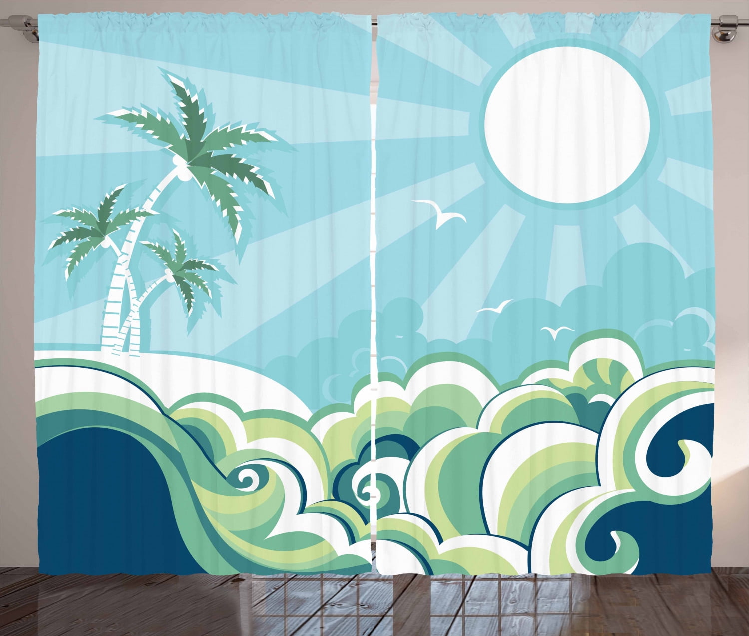 Ambesonne Tropical Curtains 2 Panel Set, Wavy Sea Palm Trees, 108" x 90 ...