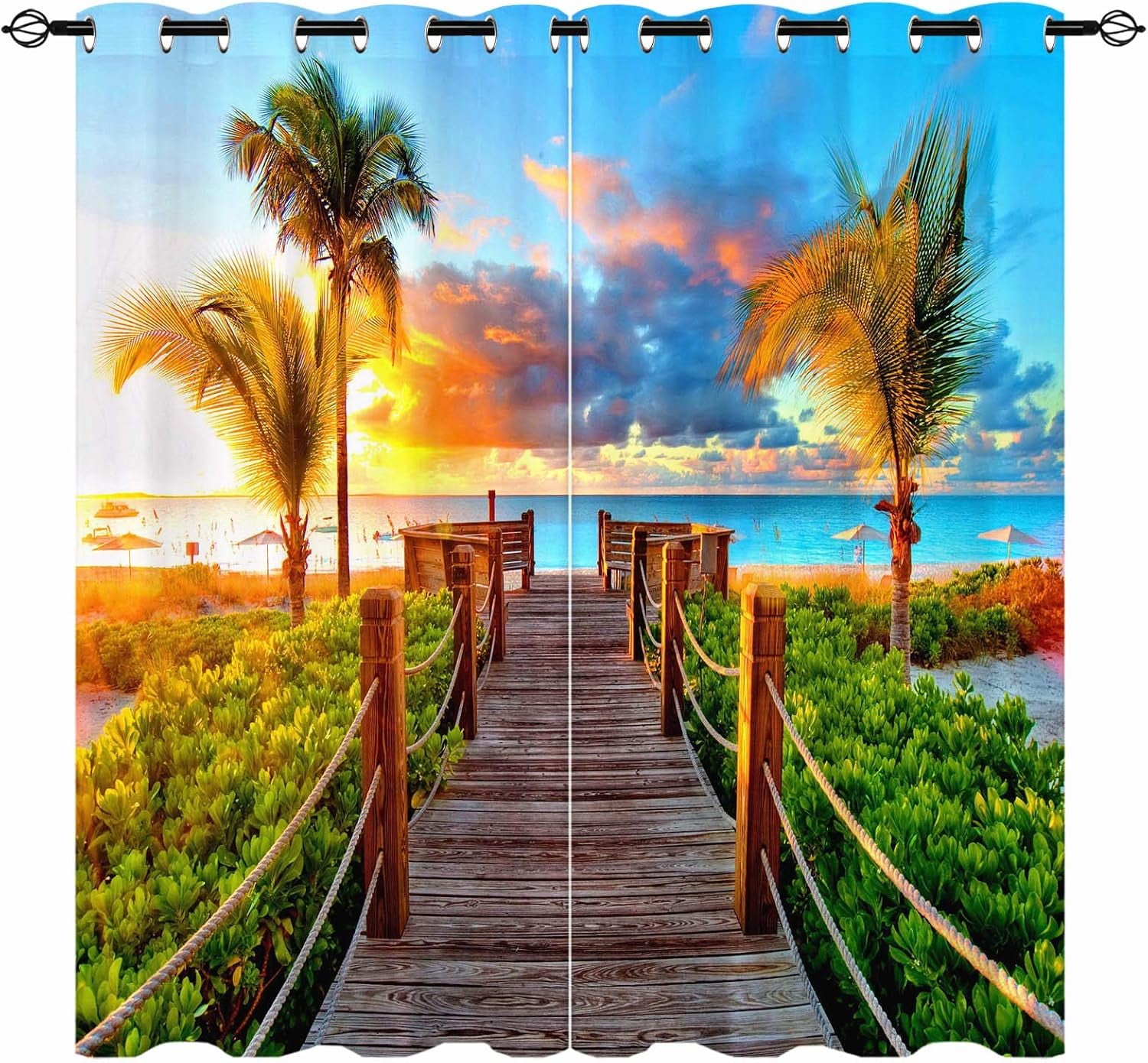 Tropical Curtains, Beach Palm Trees Summer Hawaiian Sunset Landscape Scenery 3D Pattern ...