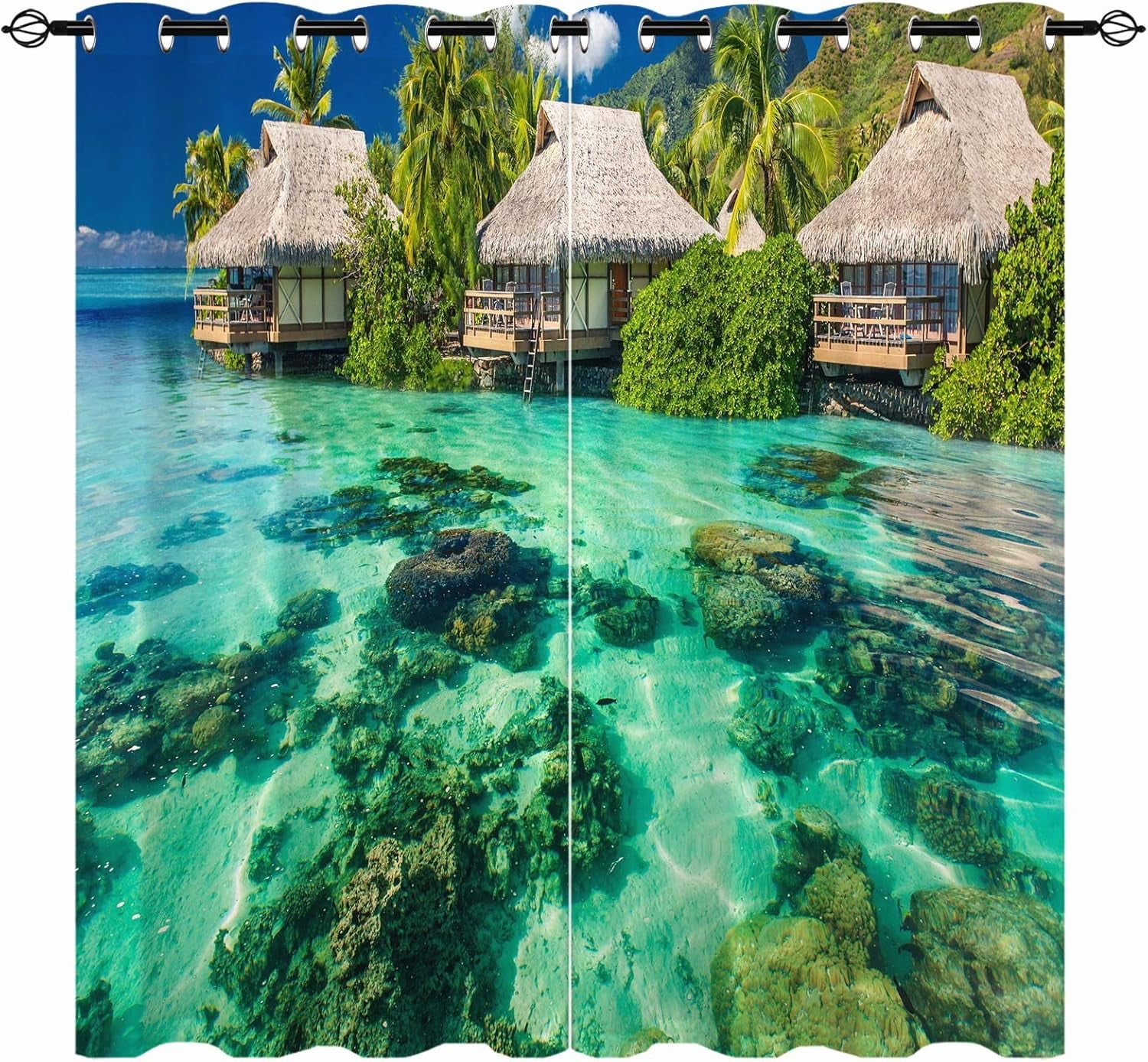 Tropical Curtains, Coastal Hawaiian Island Palm Trees Summer Ocean ...