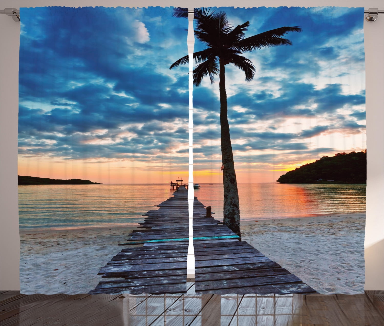 Ambesonne Pier Curtains 2 Panel Set, Rustic Jetty on Calm Water, 108" x ...