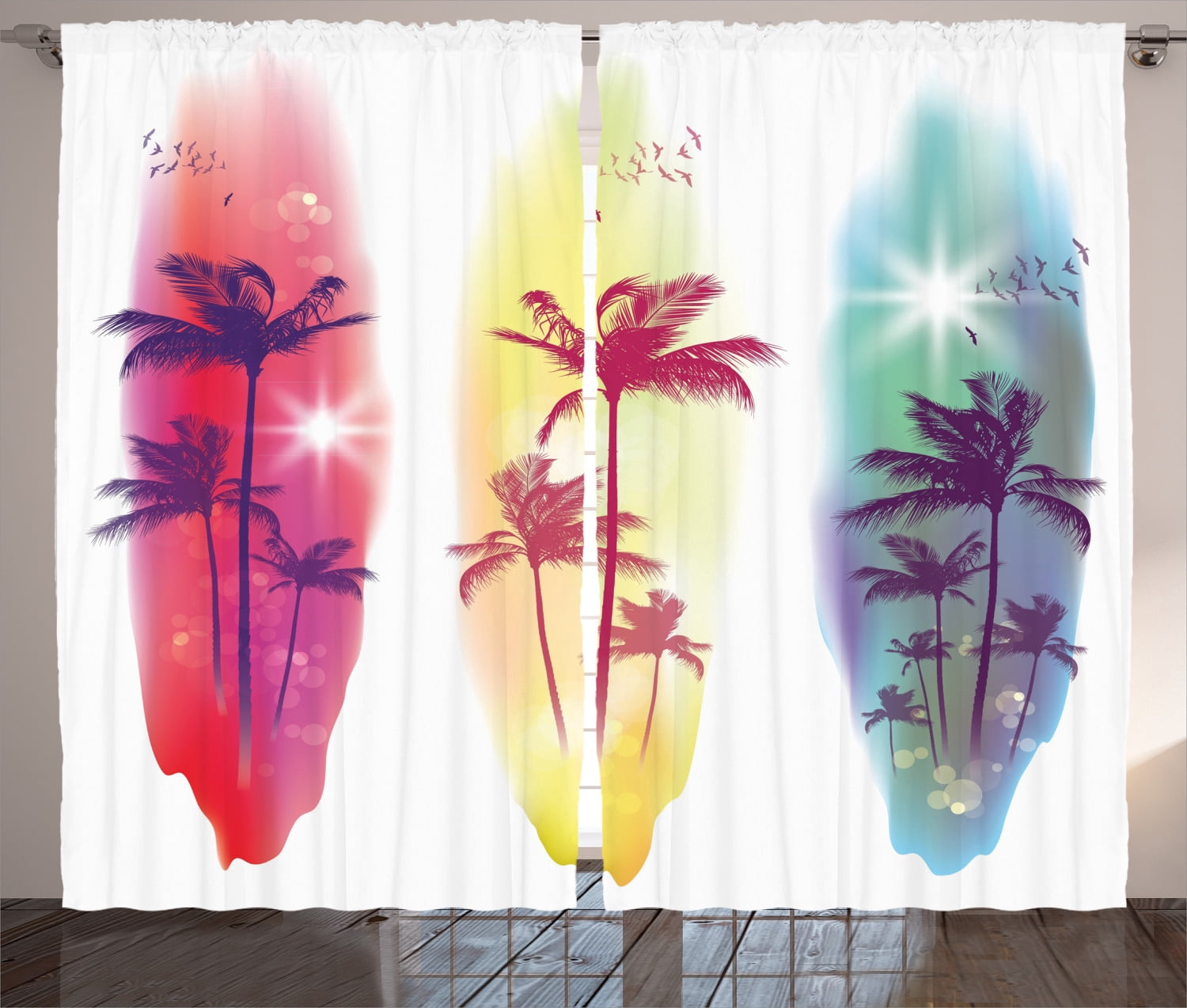 Ambesonne Tropical Curtains 2 Panel Set, Palm Trees Seagulls, 108" x 84 ...