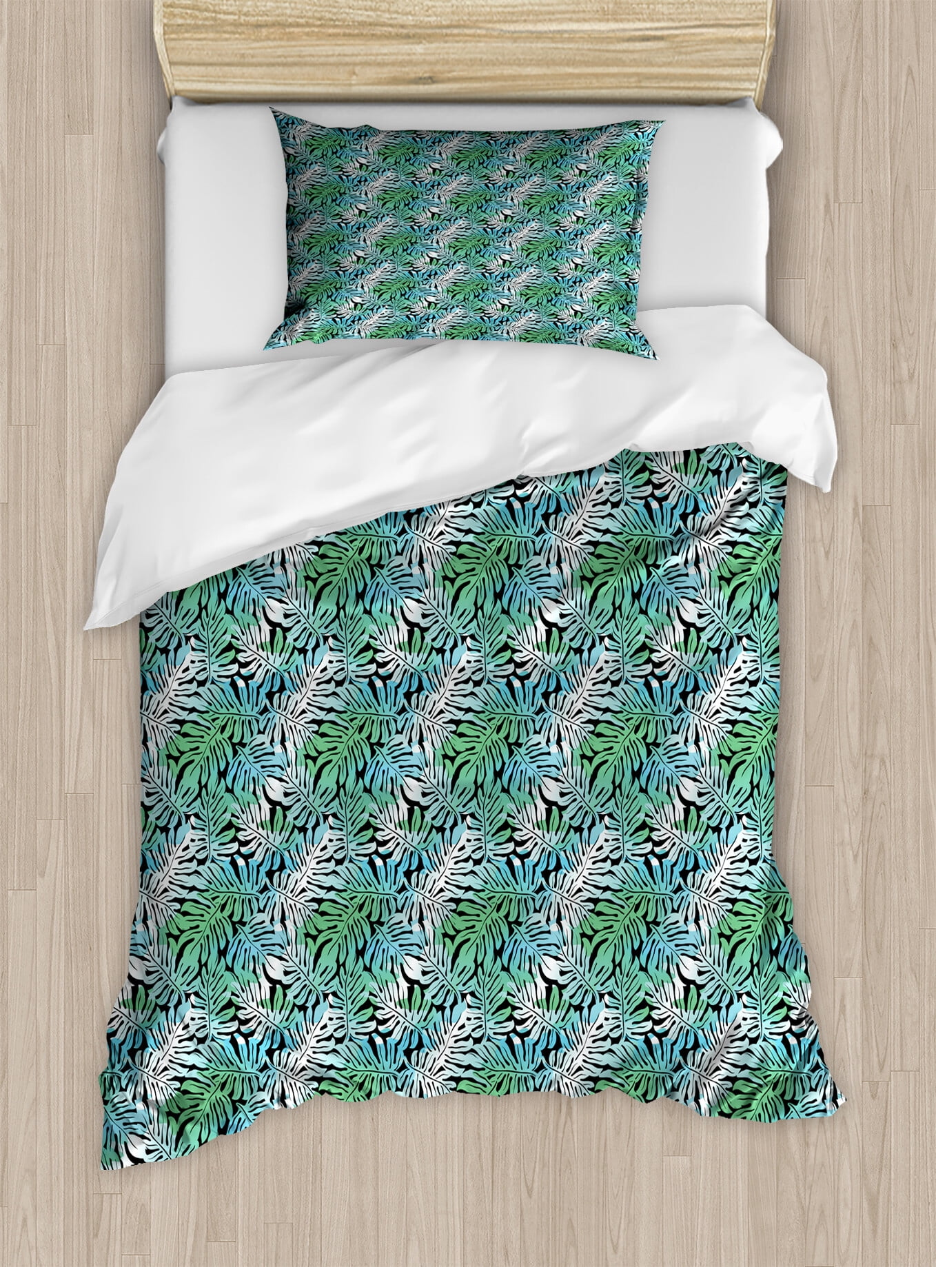 Tropical Duvet Cover Set, Digital Illustration Monstera Leaves Jungle ...