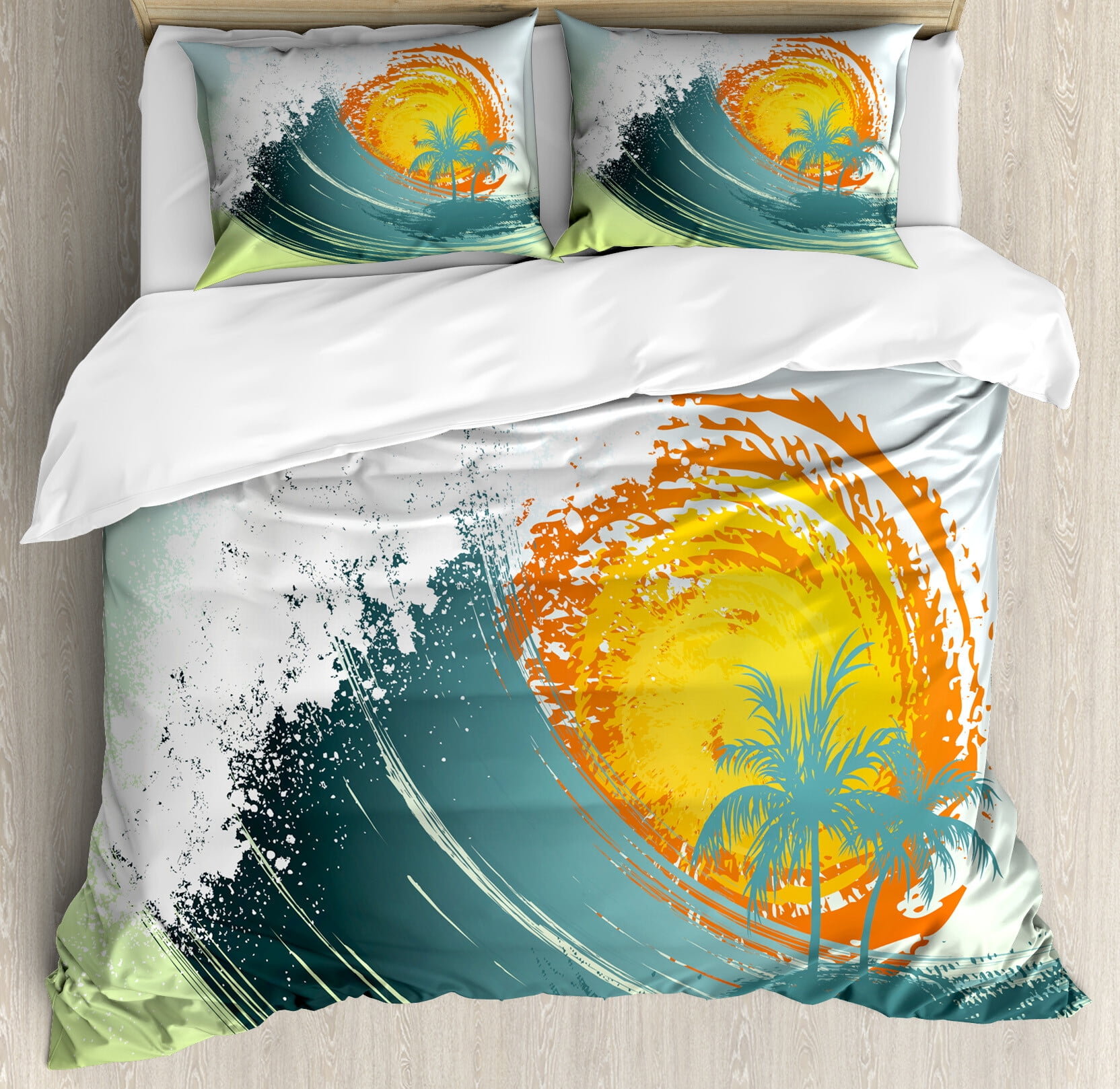 Tropical Duvet Cover Set, Exotic Coconut Palm Trees Sun Ocean Wave ...