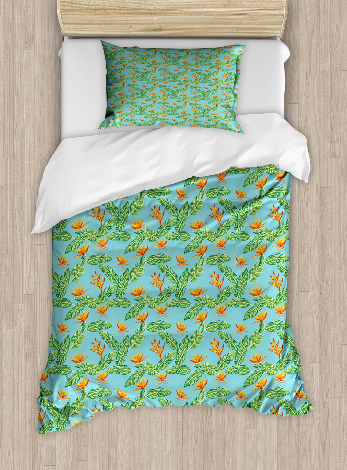 Tropical Duvet Cover Set, Exotic Hawaiian Leaves and Bird of Paradise ...
