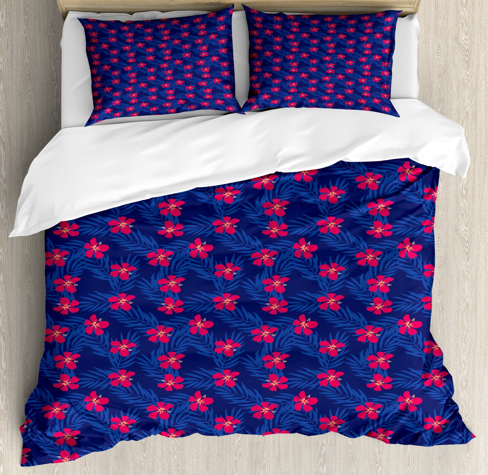 Tropical Duvet Cover Set, Hibiscus Blossom on Jungle Palm Leaves ...