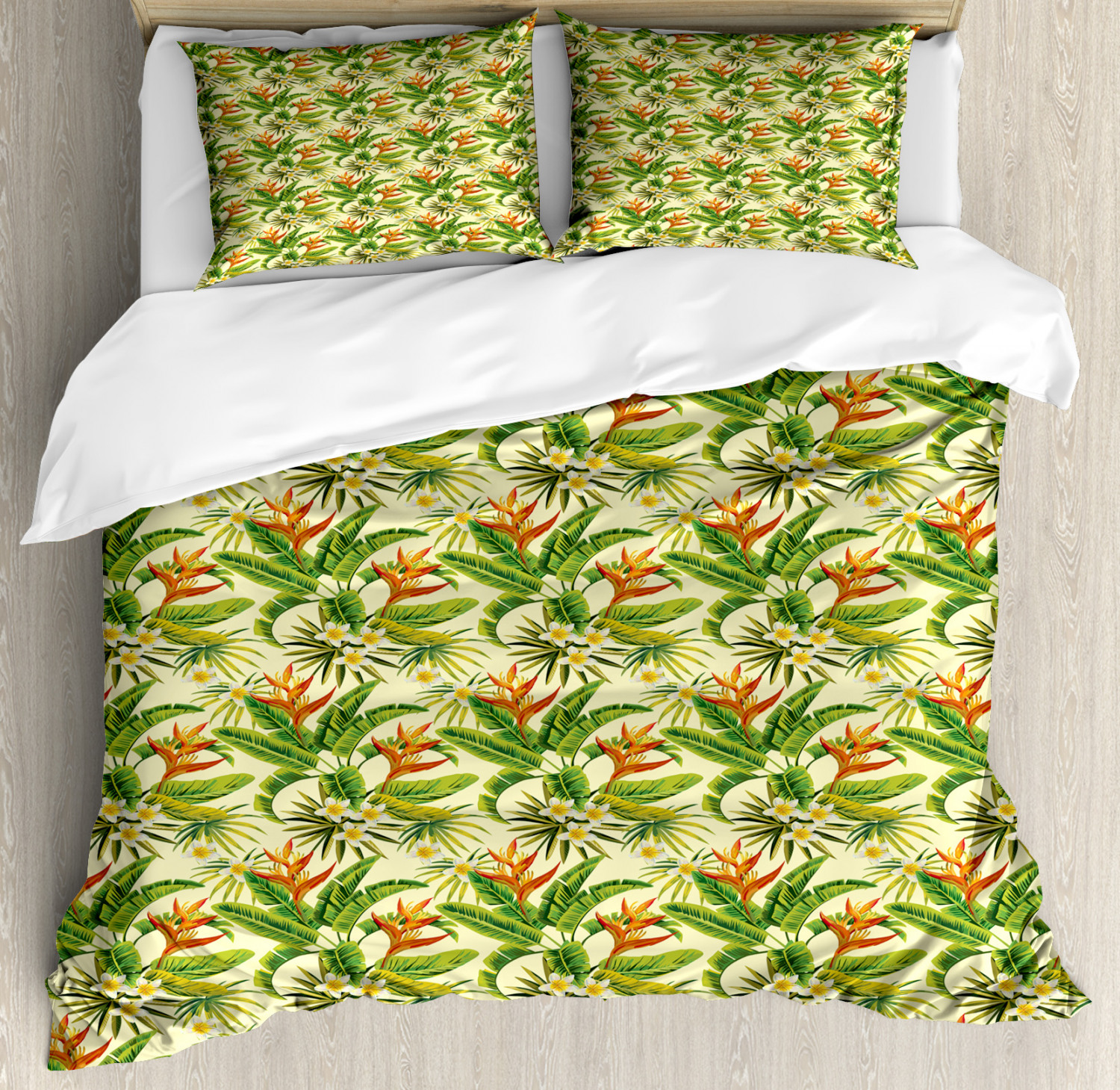 Tropical Duvet Cover Set King Size, Exotic Plumeria Flowers and Palm ...