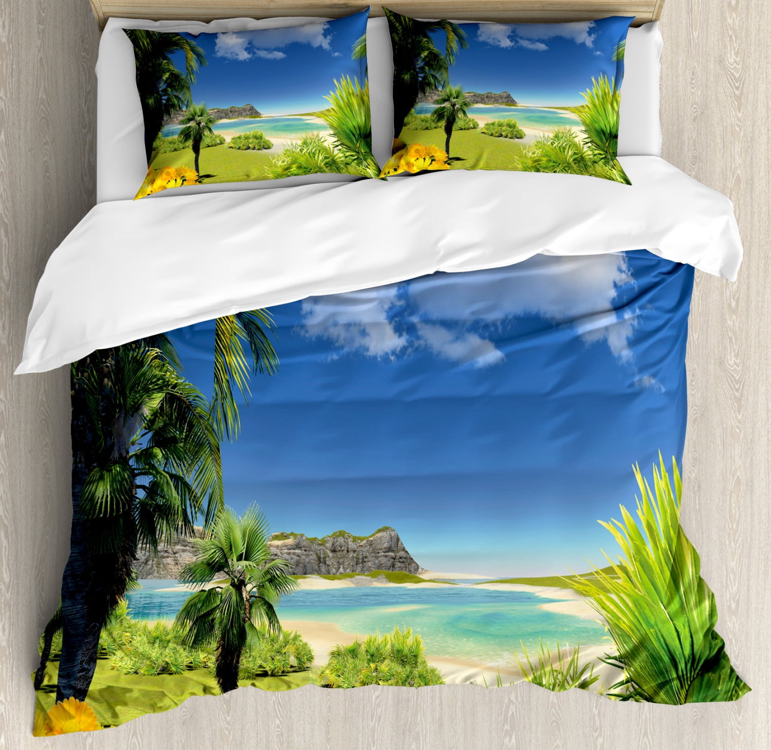 Tropical Duvet Cover Set King Size, Paradise Beach with Palm Trees in ...