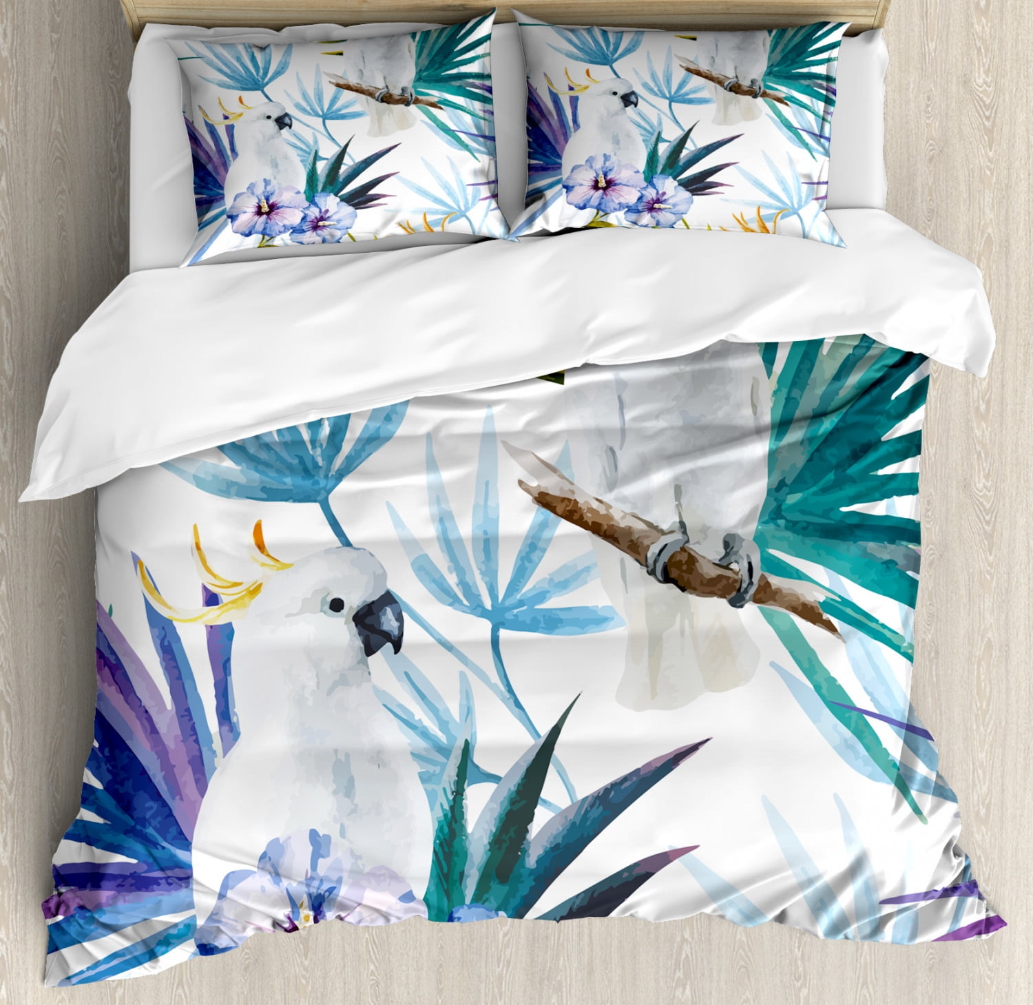 Tropical Duvet Cover Set King Size, Watercolor White Parrot Birds on ...