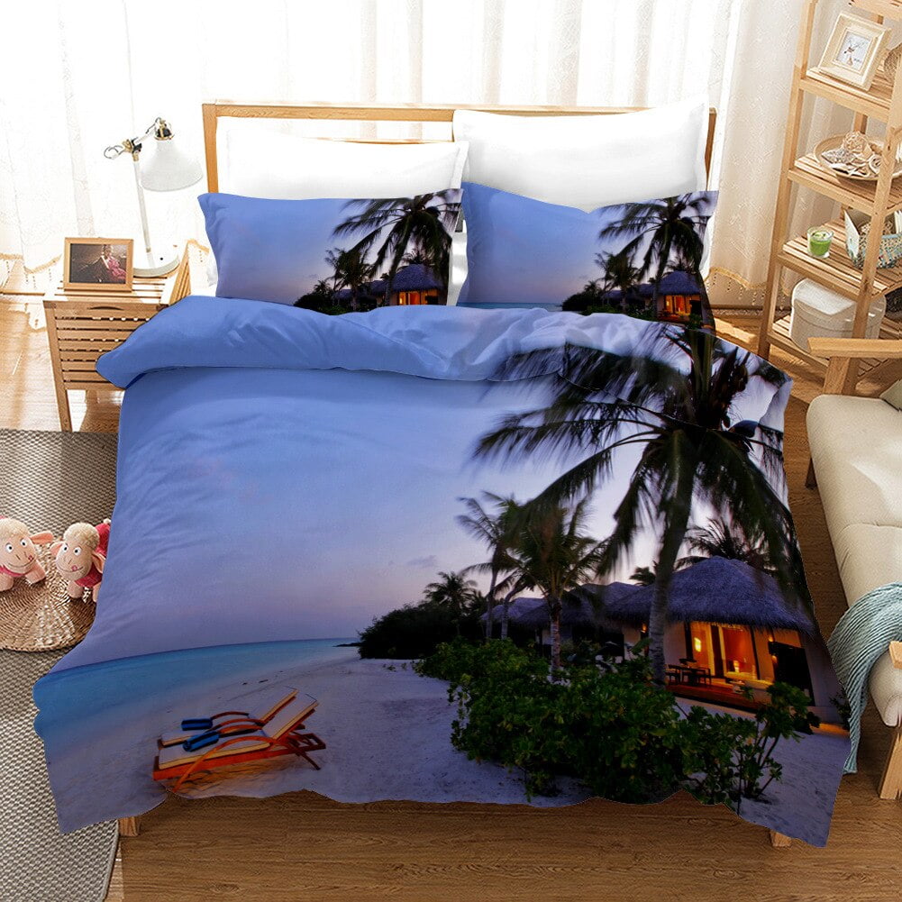 Tropical Duvet Cover Set Microfiber Palm Trees Sunset Tropical Beach ...