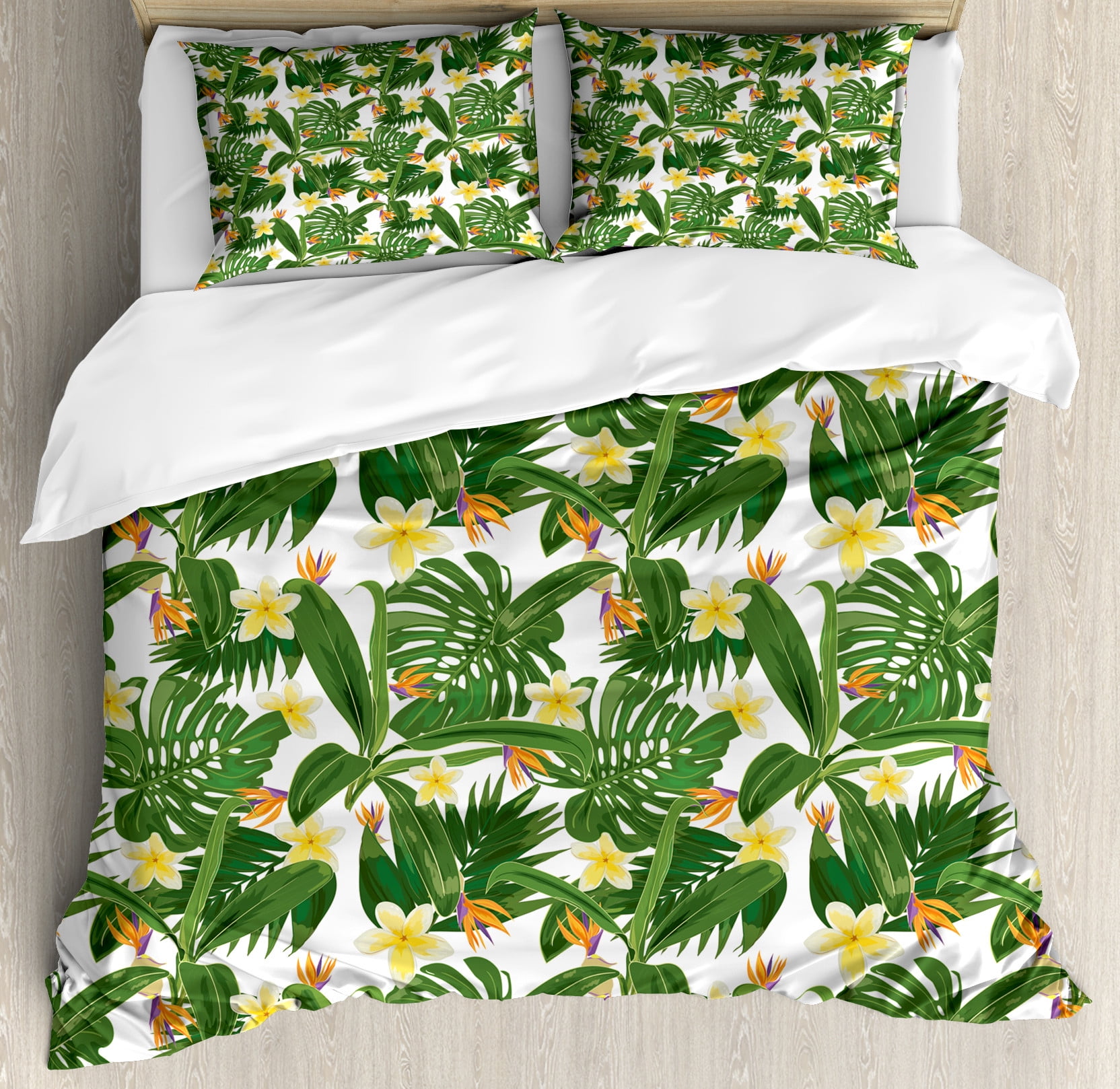 Tropical Duvet Cover Set, Monstera Palm Leaves Hibiscus Flowers ...